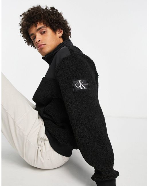 Calvin Klein Badge Logo Sherpa Borg Half Zip Sweatshirt In Black For