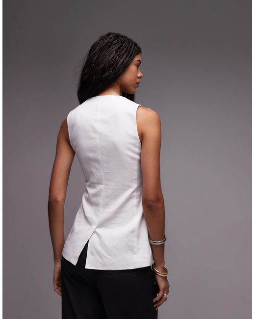 TOPSHOP Linen Mix Longline Fitted Vest With Pockets in Gray | Lyst