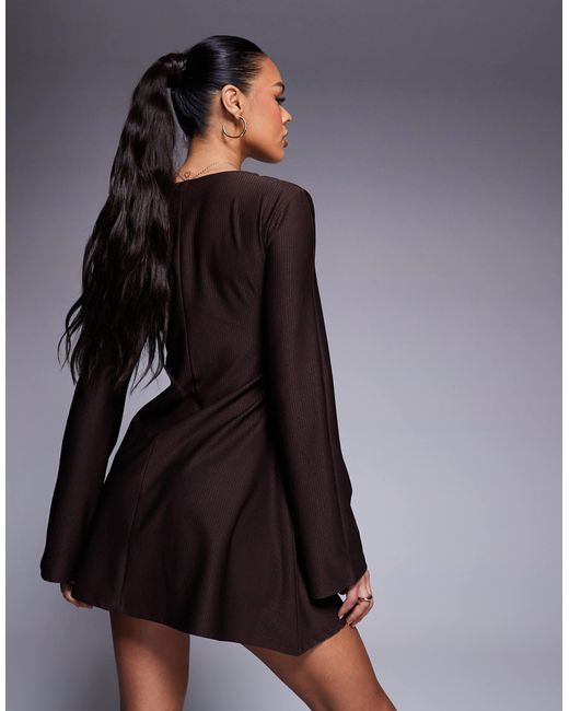 ASOS Long Flare Sleeve Mini Dress With Ring Detail in Brown | Lyst