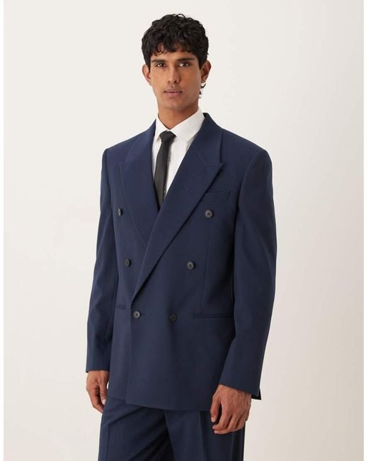 ASOS Double-breasted Relaxed Boxy Suit Jacket in Blue for Men | Lyst UK