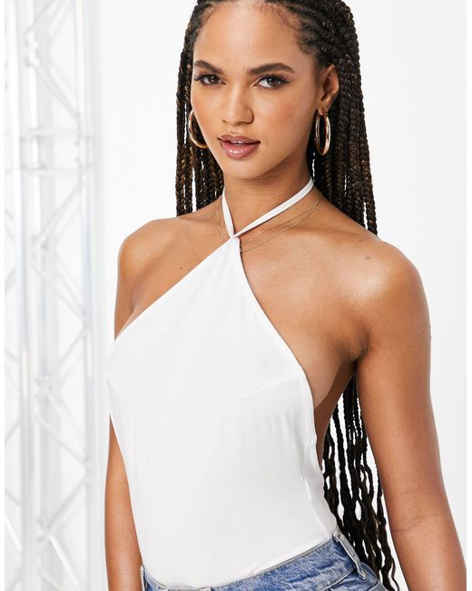 Asos Cut Away Halter Neck Bodysuit With Low Back In White Lyst