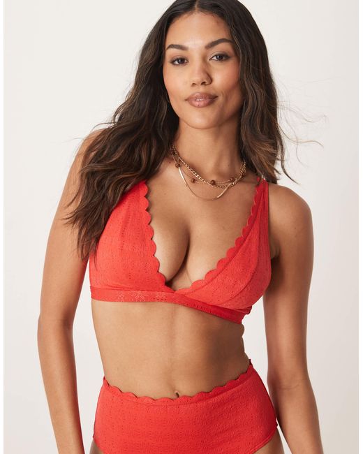 Peek & Beau Plunge Broderie Bikini Top With Scallop Detail in Red | Lyst
