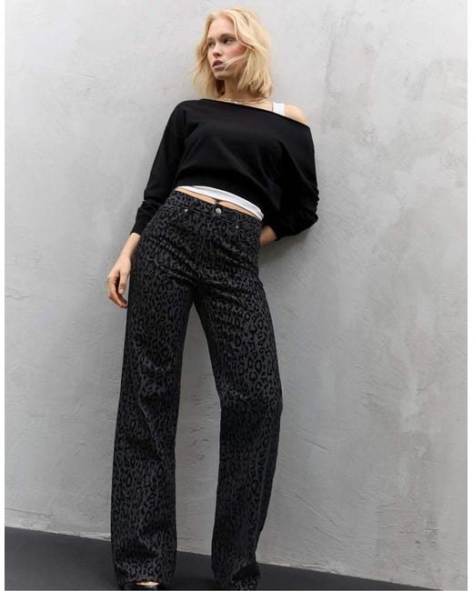 Stradivarius Flocked Leopard Print Jeans in Black | Lyst UK