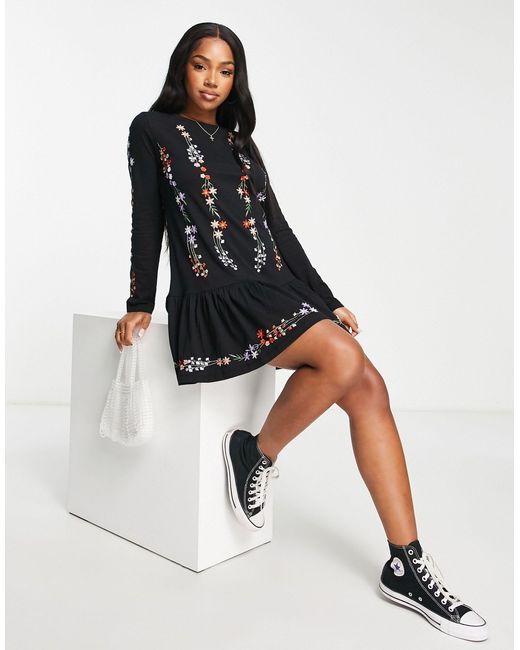 Asos Long Sleeve Smock Dress With Pep Hem With Floral Embroidery In