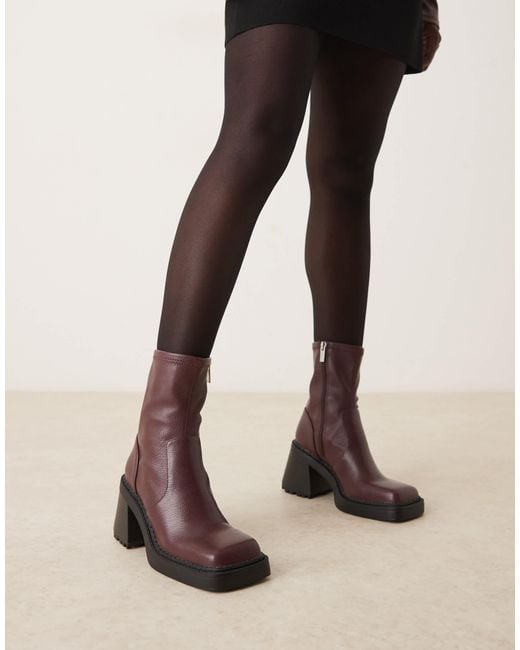 ASOS Wide Fit Reign Square Toe Mid-heel Platform Boots in Brown | Lyst