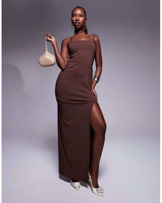 Vesper Strappy Bow Shoulder Thigh Split Maxi Dress in Purple | Lyst