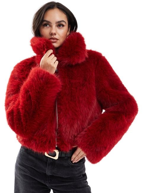 ASOS Cropped Faux Fur Bomber Jacket in Red | Lyst