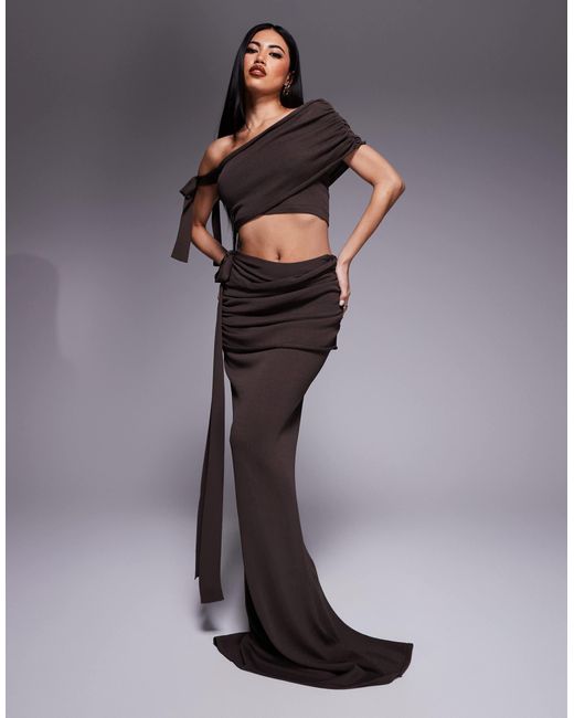 Wanderdoll Lois Knitted Off Shoulder Tie Detail And V Front Maxi Skirt ...