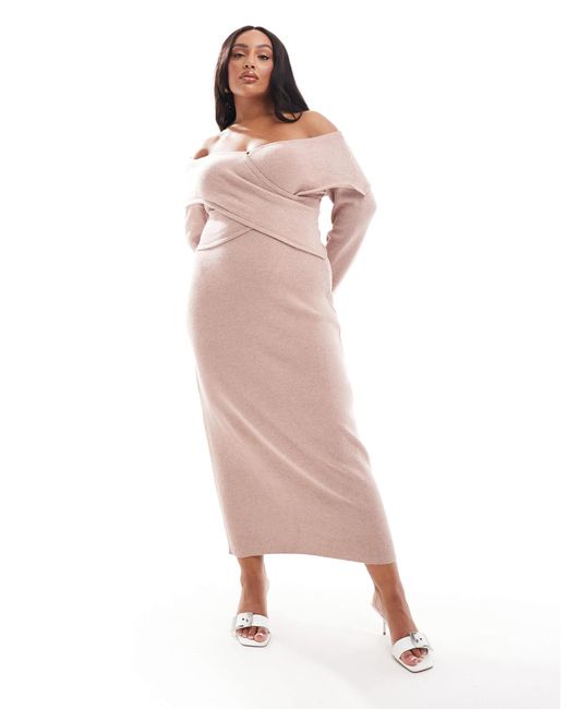 Pretty Lavish Curve Crossover Bardot Knit Midaxi Dress in Pink | Lyst