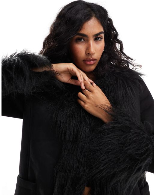 ASOS Longline Faux Suede And Fur Coat in Black | Lyst