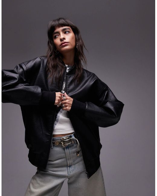 TOPSHOP Faux Leather Oversized Bomber Jacket in Gray | Lyst TOPSHOP Faux Leather Oversized Bomber Jacket in Gray | Lyst