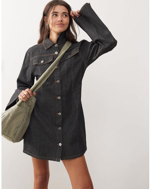 Collusion Denim Mini Shirt Dress in Black | Lyst