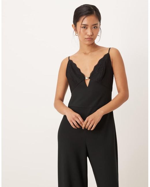 Abercrombie & Fitch Plunge Jumpsuit With Lace Detail in Black | Lyst UK