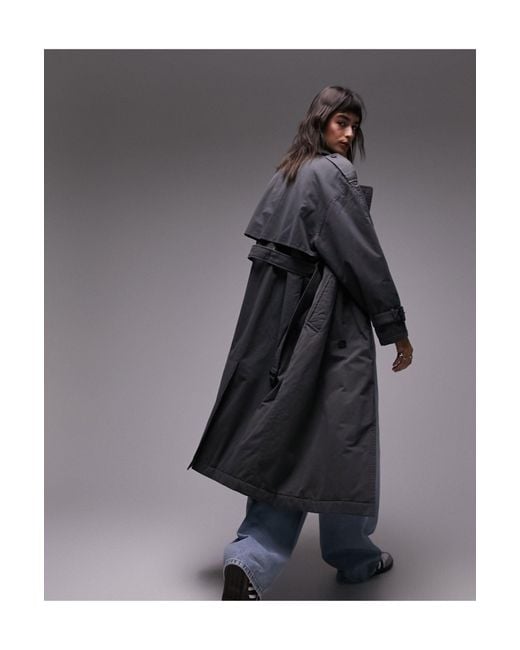 TOPSHOP Reversible Long-line Padded Trench Coat in Gray | Lyst