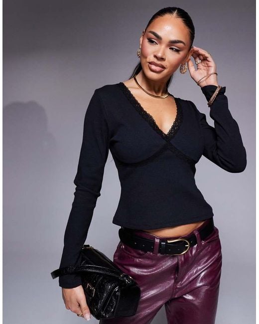 ASOS Plunge Lace Trim Long Sleeve Top in Blue | Lyst UK