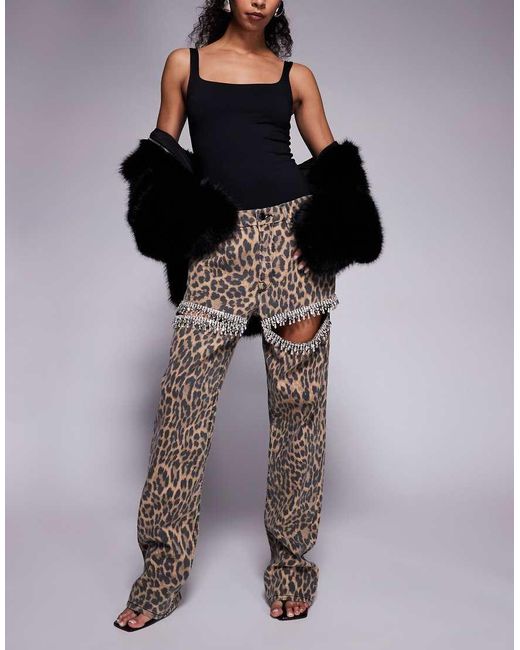 GOOD AMERICAN Embellished Drop Crystal Trim Cut Out Straight Leg Jeans ...