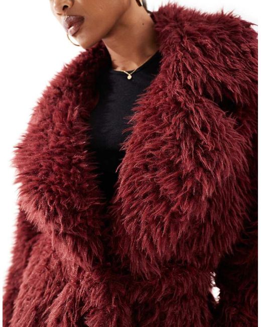 Aria Cove Teddy Belted Coat in Red | Lyst UK