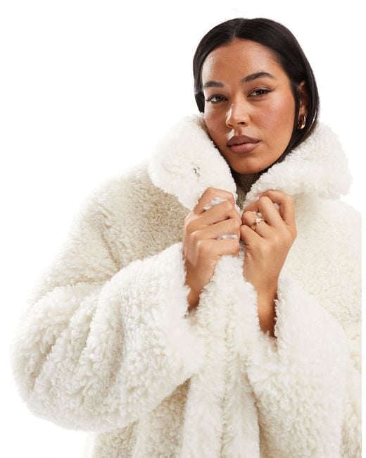 ASOS Longline Curly Borg Coat in White | Lyst
