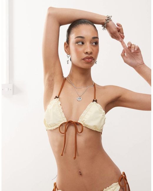 Reclaimed (vintage) Tie Front Triangle Bikini Top With Frills in Natural | Lyst
