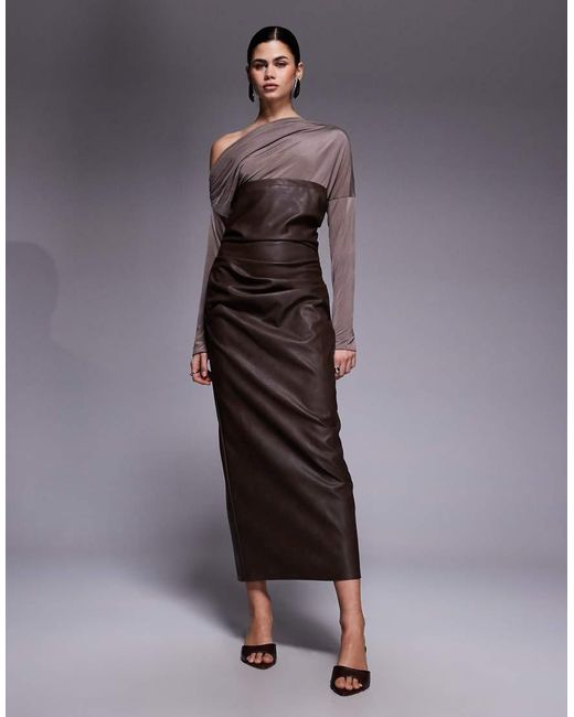 ASOS Fallen Shoulder Pu Midi Dress in Brown | Lyst UK