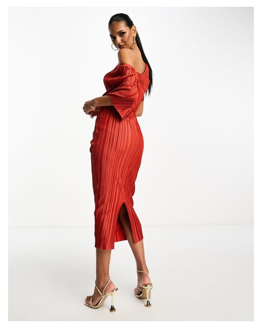 Asos Plisse Fallen Shoulder Midi Dress In Red Lyst