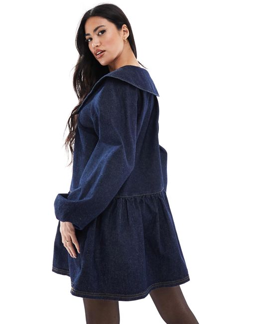 Miss Selfridge Oversized Collar Drop Waist Denim Mini Dress in Blue | Lyst