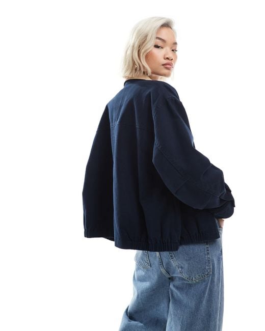 ASOS Bomber Barn Jacket With Camel Collar in Blue | Lyst