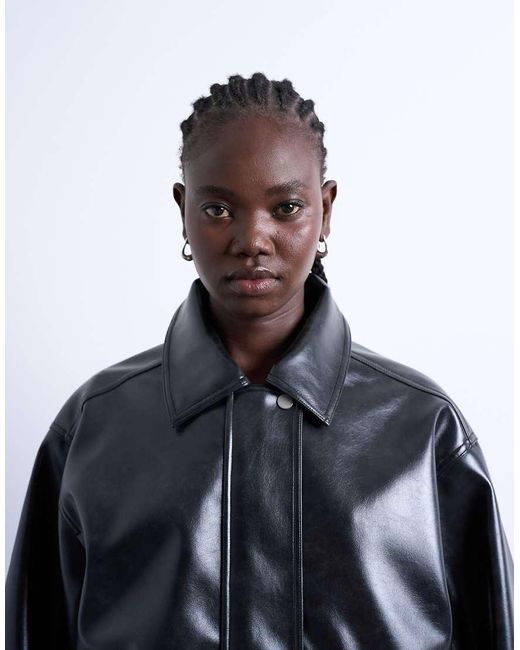TOPSHOP Faux Leather Shiny Mottled Patch Pocket Shacket in Blue | Lyst UK