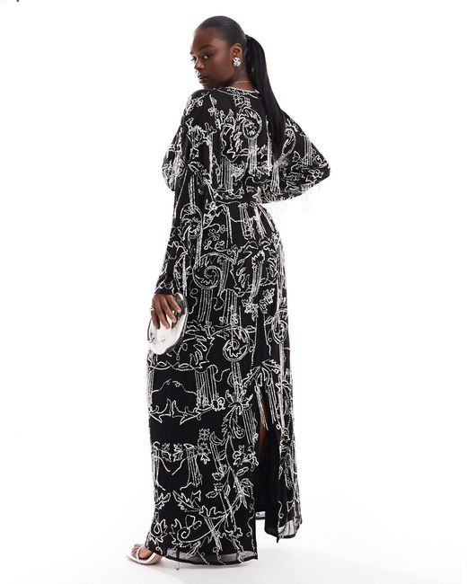 ASOS Asos Design Curve Long Sleeve Allover Fringe Embellished Maxi Dress in White | Lyst