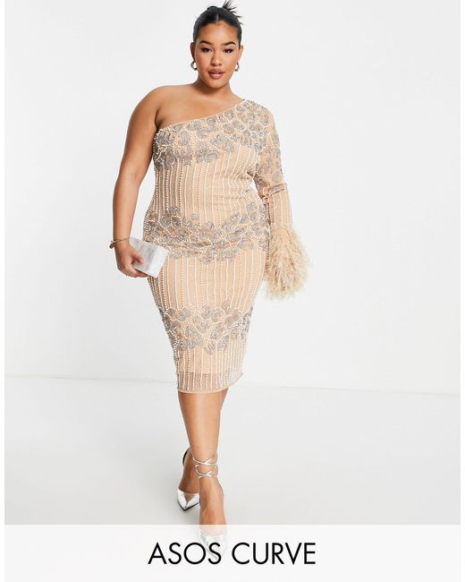 Asos Curve One Sleeve Midi Dress With Embellishment And Faux Feather