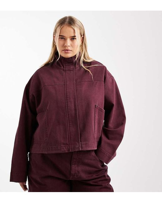 ASOS Asos Design Curve Denim Funnel Neck Jacket in Red | Lyst UK