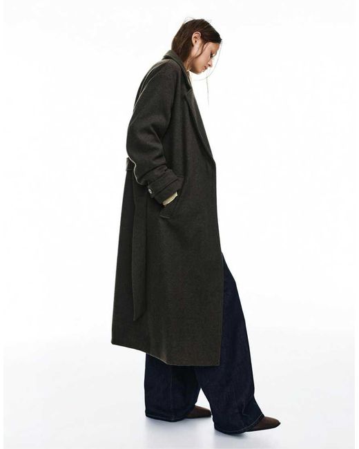 Pull&Bear Long Felt Texture Coat With Belt in Black | Lyst UK
