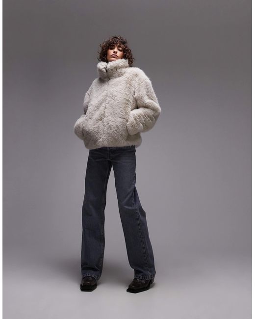 TOPSHOP Faux Fur Zip Through Short Coat With Funnel Neck in White | Lyst