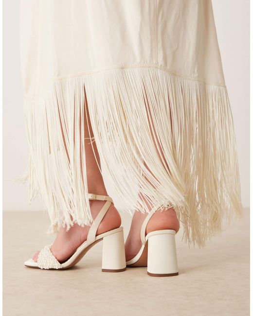 ASOS Hotel Pearl Detail Barely There Block Heeled Sandals in Natural | Lyst