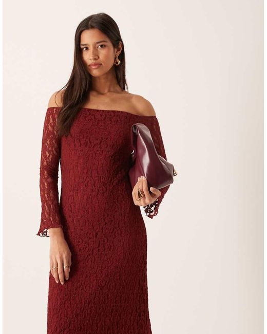 ASOS Lace Bardot Maxi Dress in Red | Lyst UK