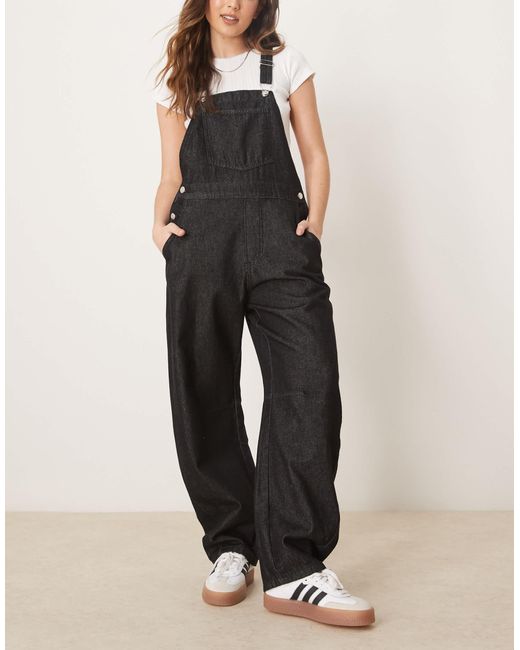 ASOS Barrel Leg Denim Overalls in Black | Lyst