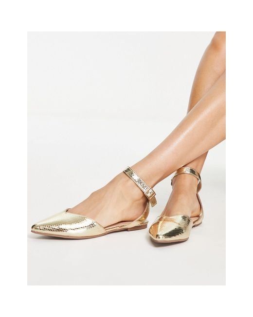 London Rebel Pointed Ballet Flats With Ankle Strap In Gold Metallic Lyst