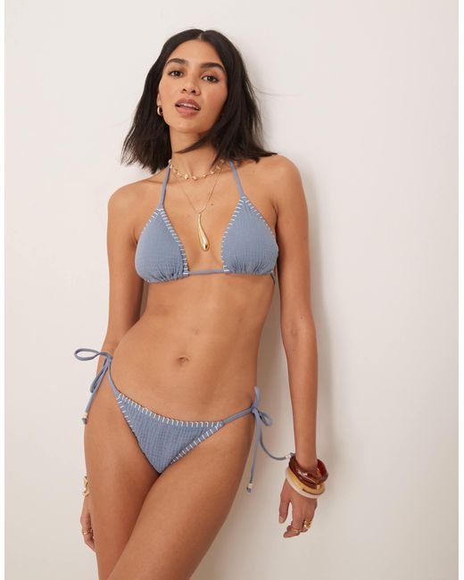 Stradivarius Stitch Detail Tie Side Bikini Bottom in Blue | Lyst