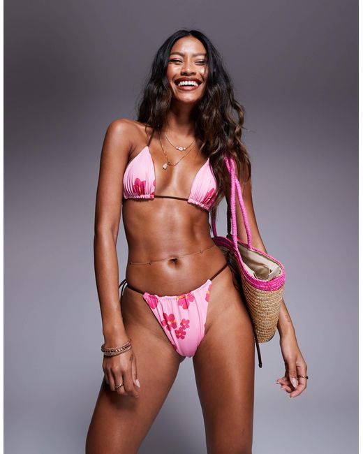 ASOS Hailey Reversible Hibiscus Print Micro Tie Side Bikini Bottom in Pink | Lyst