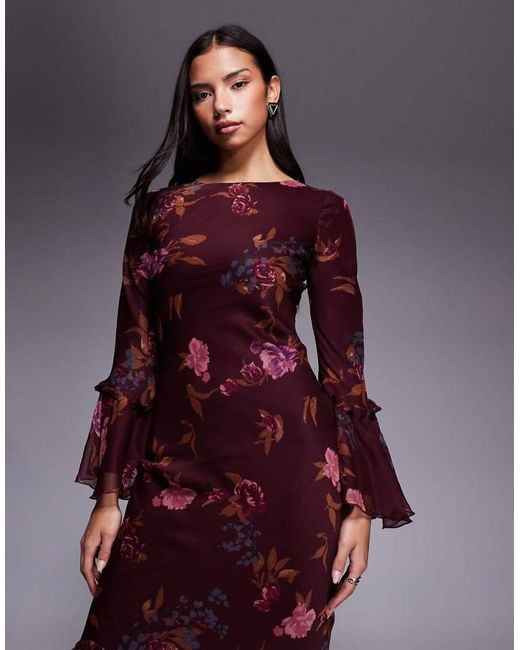 ASOS Tiered Ruffle Long Sleeve Chiffon Maxi Dress in Purple | Lyst UK