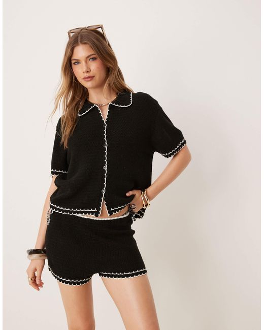 ASOS Beach Knitted Short Co Ord With Contrast Scallop Stitch in Black ...