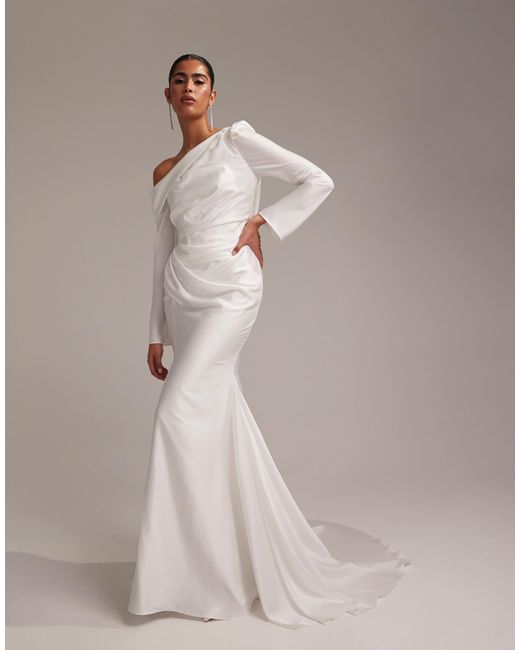 ASOS Draped One Shoulder Satin Wedding Maxi Dress in Natural | Lyst