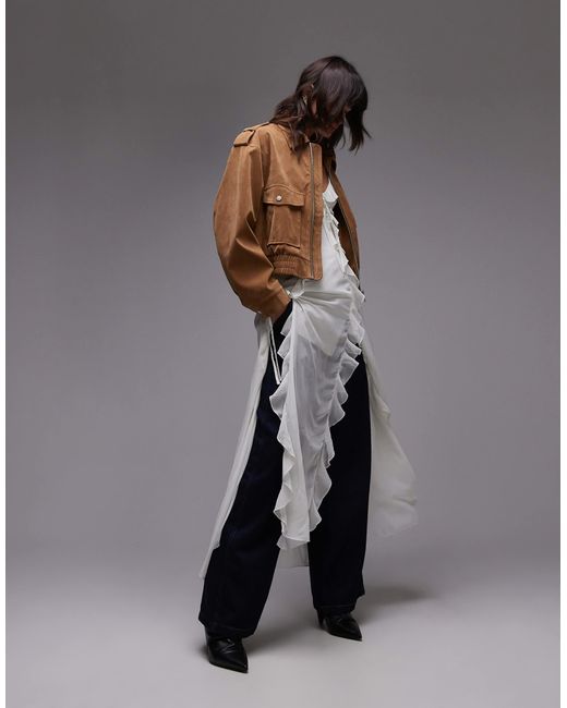 TOPSHOP Cropped Faux Suede Bomber Jacket With Snap Details in Gray | Lyst