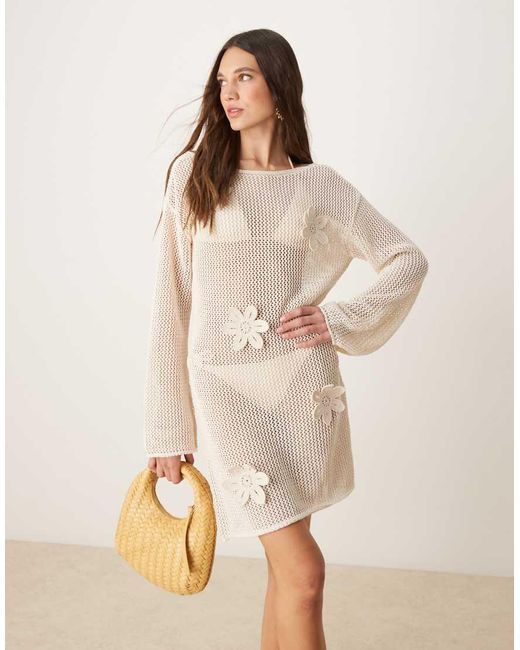 ASOS Knitted Beach Mini Dress With 3d Flowers in Natural | Lyst UK