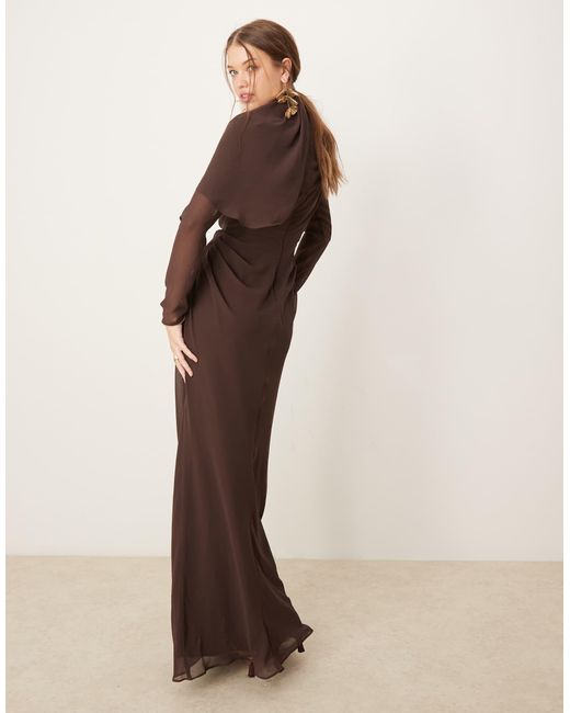 ASOS Draped Long Sleeve Maxi Dress in Brown | Lyst