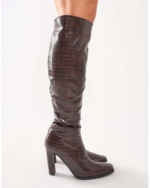 Public Desire Acquilla Croc Knee High Flared Heel Boots in Brown | Lyst UK