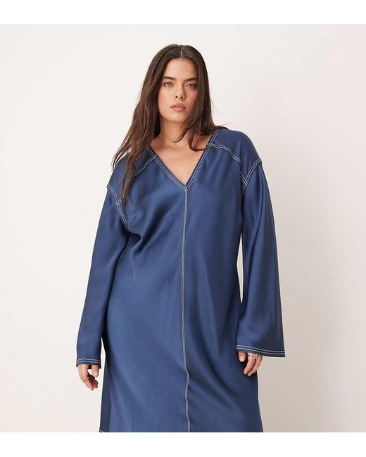 ASOS Asos Design Curve V-neck Satin Midi Dress in Blue | Lyst UK
