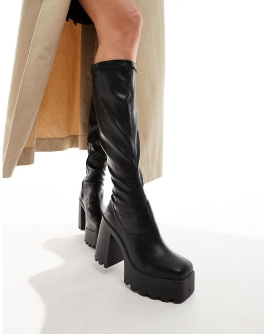 ASOS Curve Cara Square Toe Cleated Knee Boots in Black | Lyst