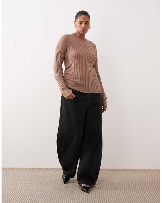 ARRANGE Curve Fine Rib Knit Top in Brown | Lyst UK