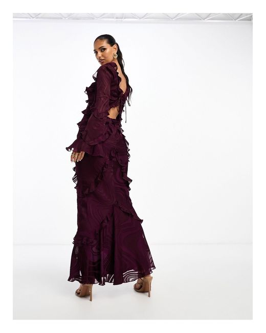 ASOS Milkmaid Ruffle Cut Out Satin Devore Maxi Dress With Flare Sleeve ...